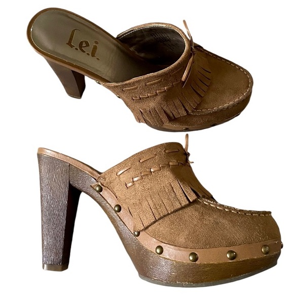 lei | Shoes | Vintage Lei 9s Platform High Heel Clogs Faux Suede Fringe ...